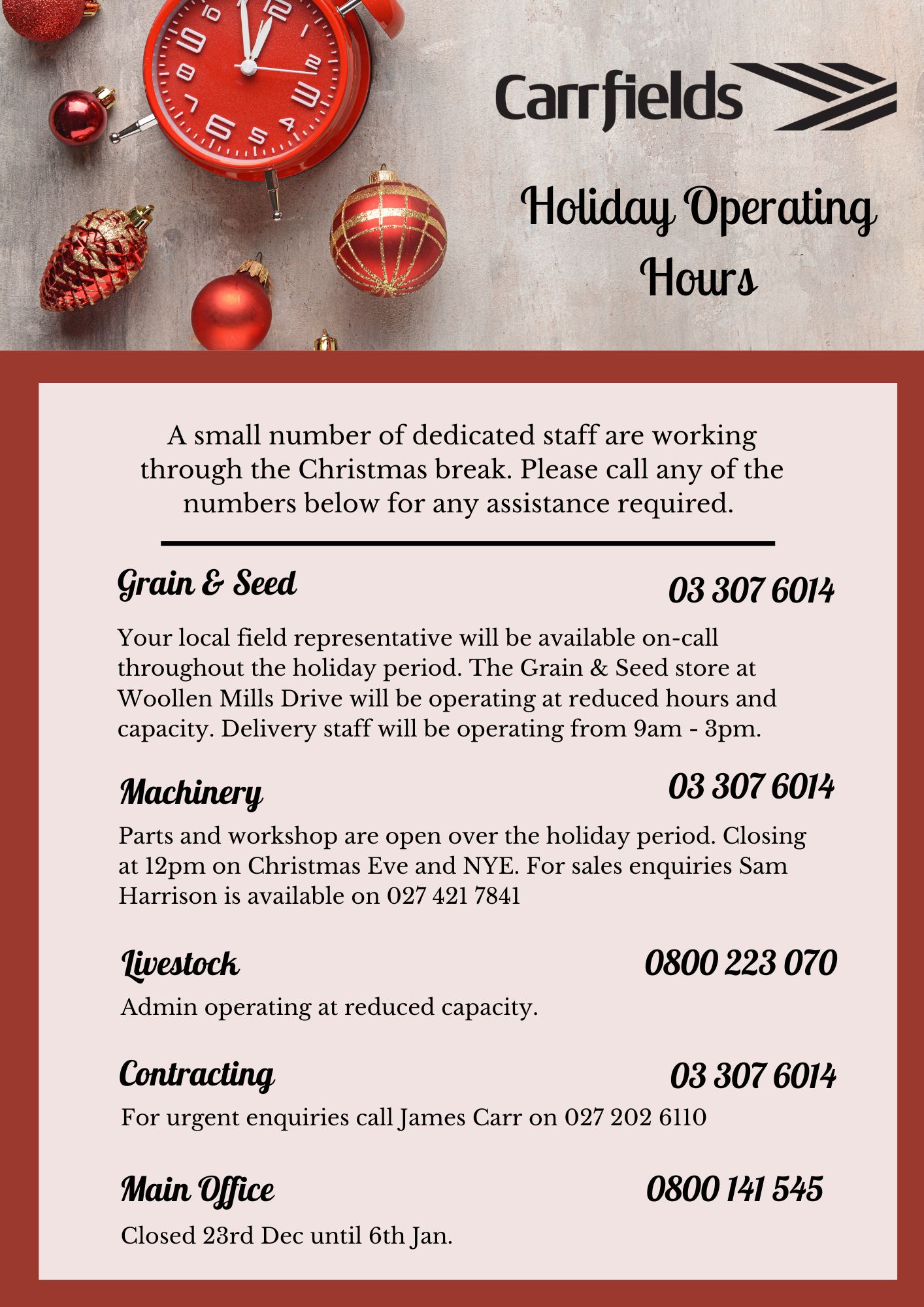Holiday Operating Hours - Carrfields - Your trusted partner Carrfields ...